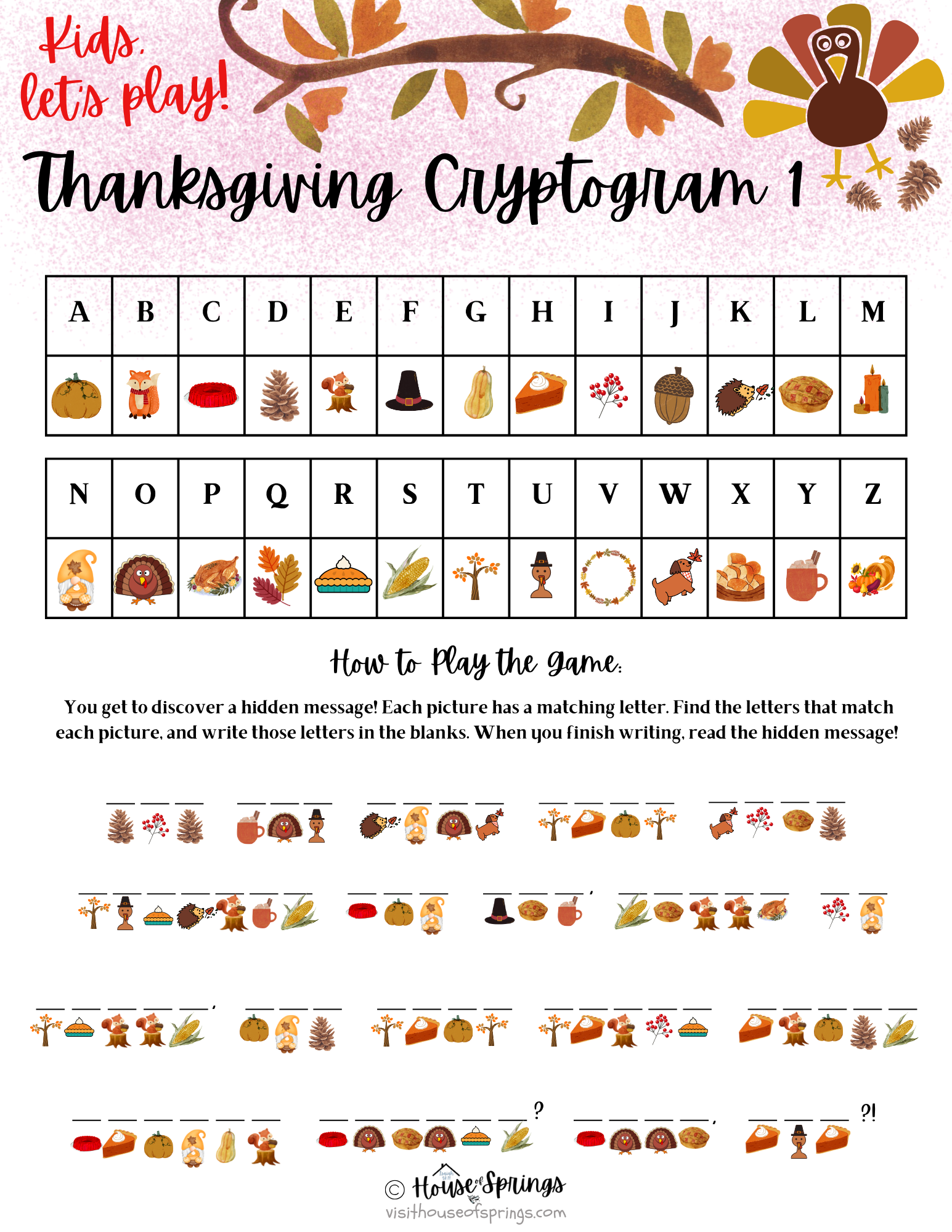 Free Thanksgiving Cryptogram Games for Kids - House of Springs